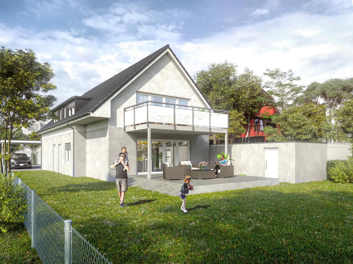 Architekturvisualisierung eines MFH mit Staffagen ...